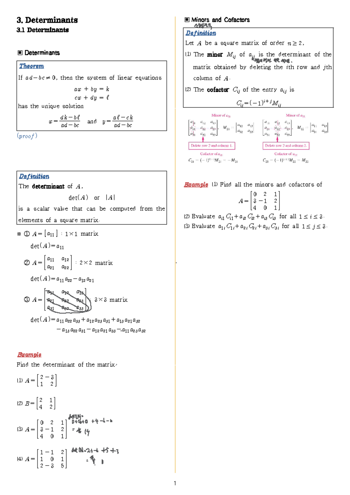 선형대수학(chapter 3) - linear algebra note - Determinants 1 Determinants Determinants If - Studocu