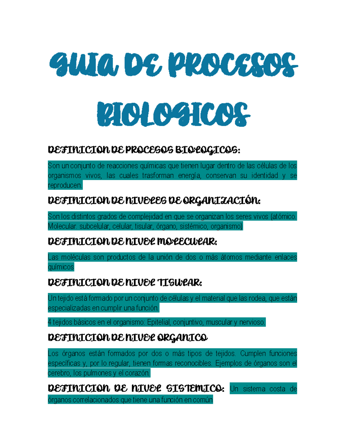 GUIA DE Procesos Biologicos 2 - GUIA DE PROCESOS BIOLOGICOS DEFINICION DE PROCESOS BIOLOGICOS ...