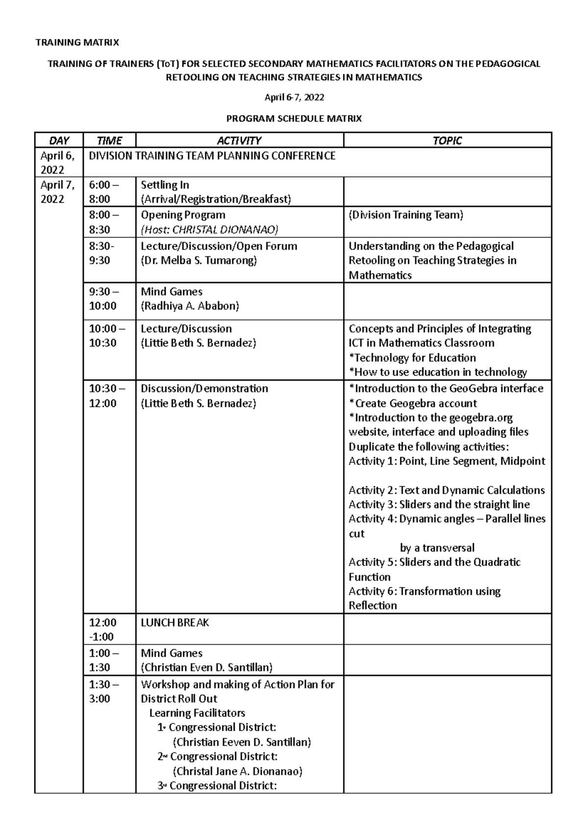 Training Matrix - TRAINING MATRIX TRAINING OF TRAINERS (ToT) FOR ...