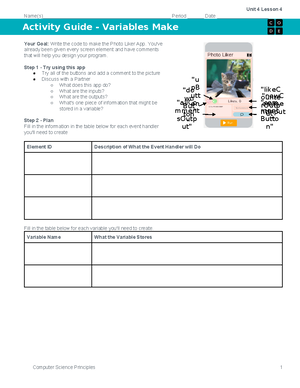 Activity Guide - Variables - Unit 4 Lesson 4 Name(s
