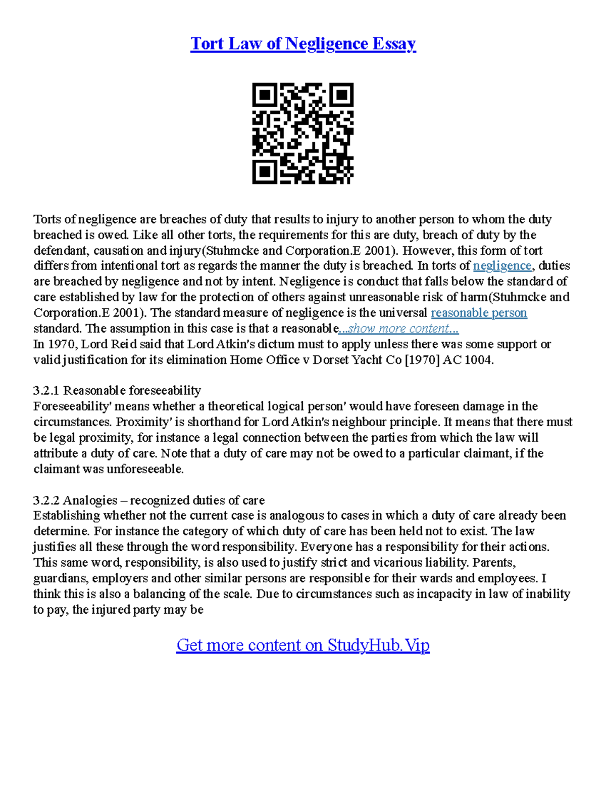 Tort Essay Tort Essay - Tort Law of Negligence Essay Torts of ...