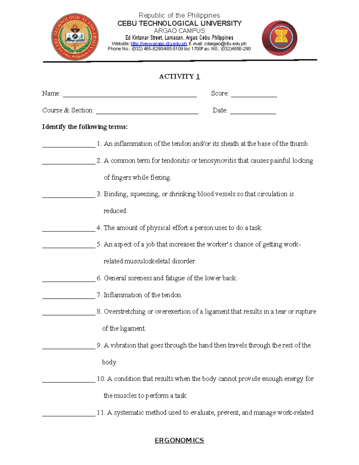 Ergo Act. 1 - ACTIVITY 1 Name ...
