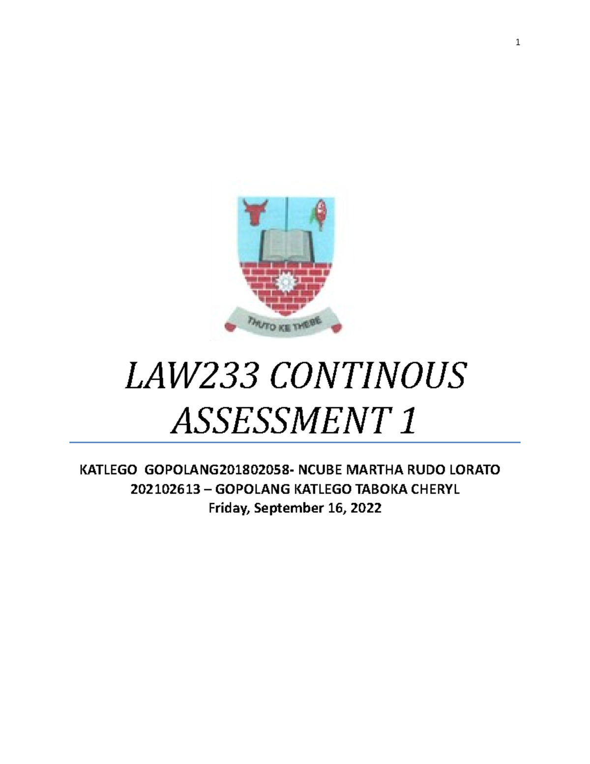 Contract LAW Final CA 1 - LAW233 CONTINOUS ASSESSMENT 1 KATLEGO ...