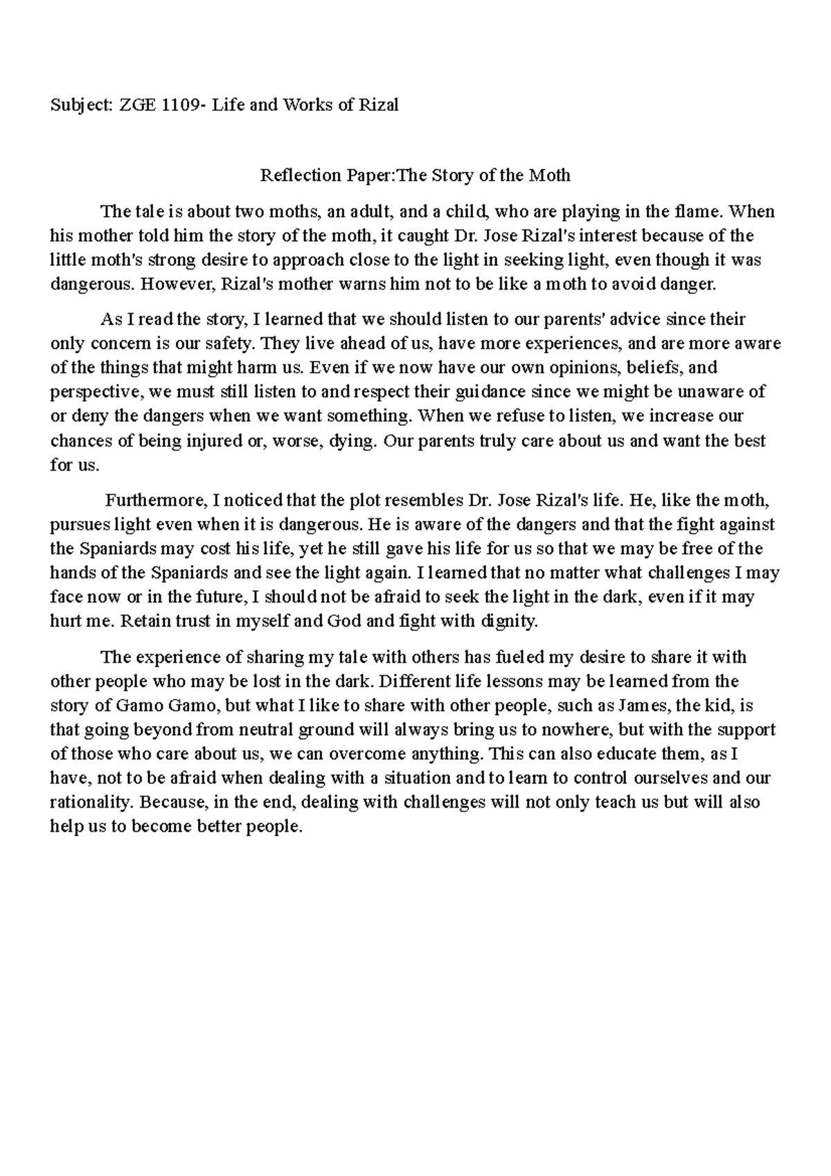 Reflection paper - Subject: ZGE 1109- Life and Works of Rizal ...