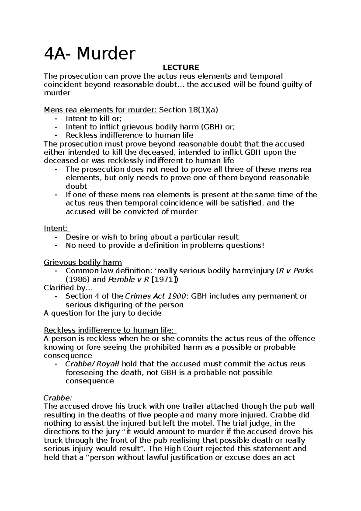 4A- murder - 4A- Murder LECTURE The prosecution can prove the actus ...