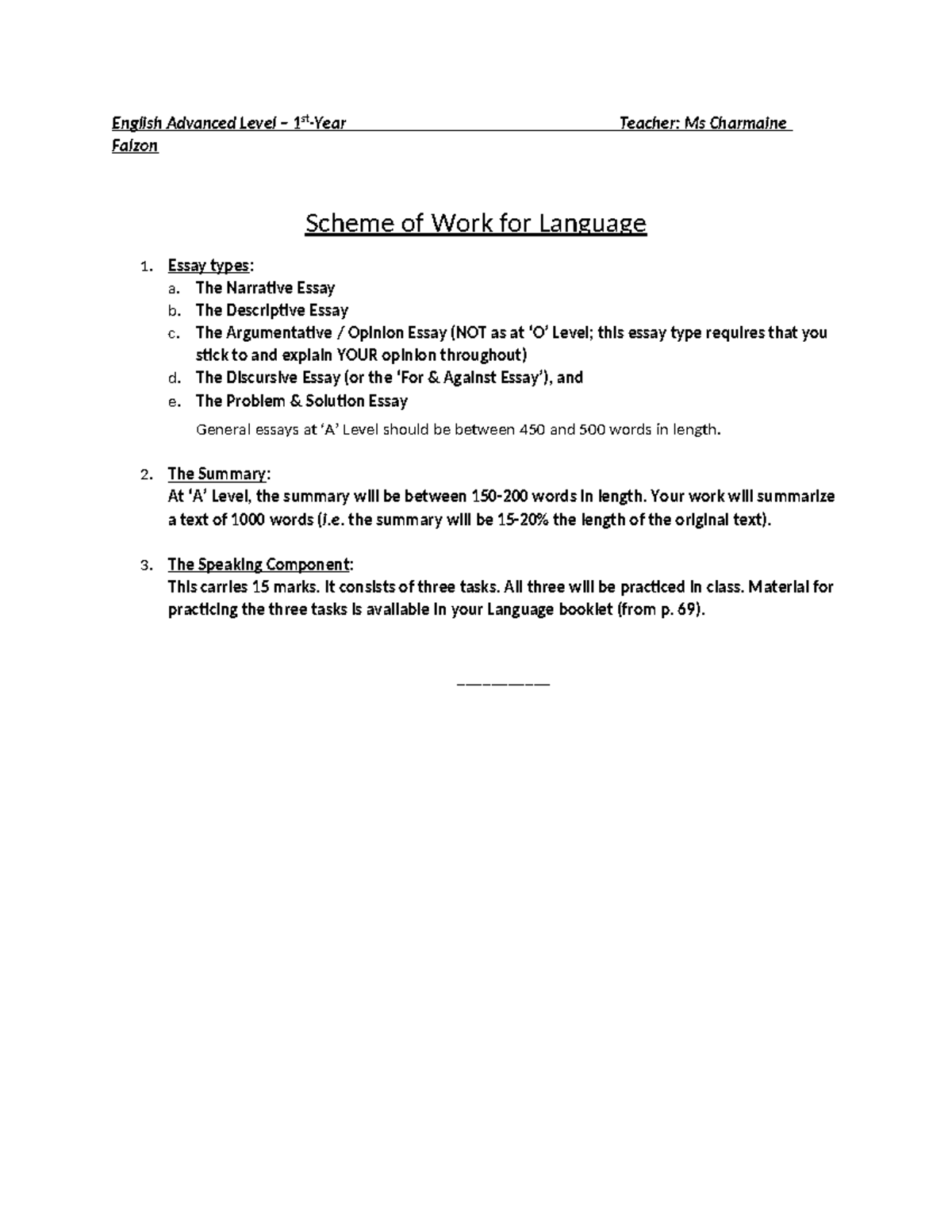 1st-Year A Level Language - Scheme of Work - English Advanced Level ...