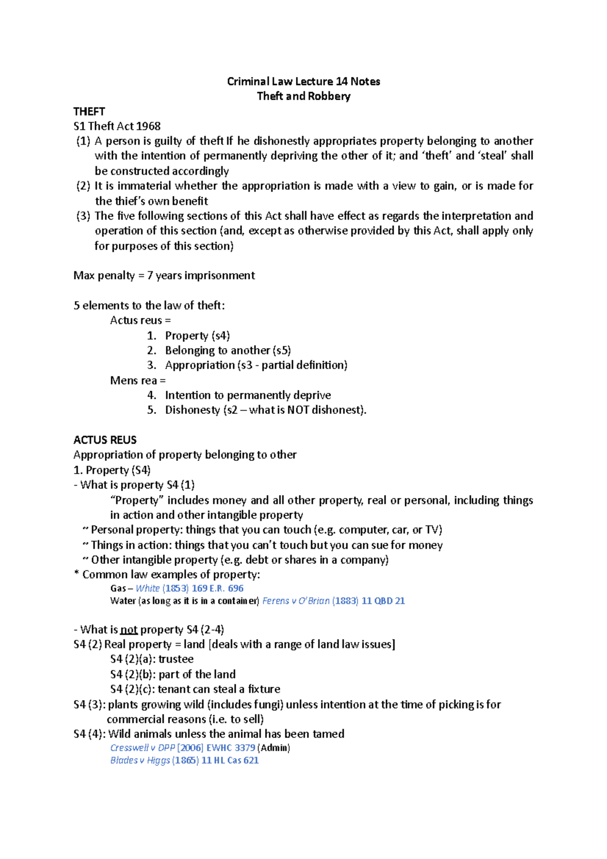 Criminal Law Lecture 14 Notes - Criminal Law Lecture 14 Notes Theft and ...