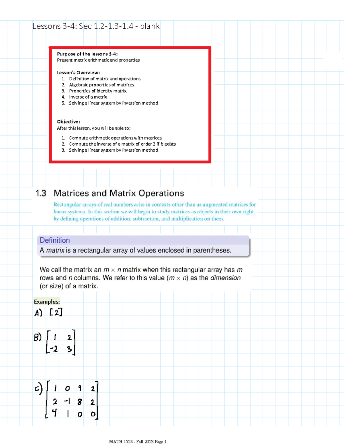 Lessons 3-4 Sections 1 - Lesson 3-4 - Examples: Purpose of the lessons ...