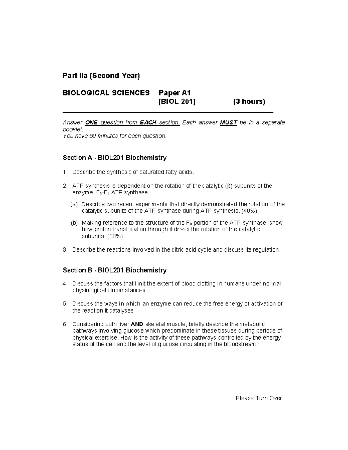 BIOL201 Biochemistry Past Paper 2009 - - Studocu