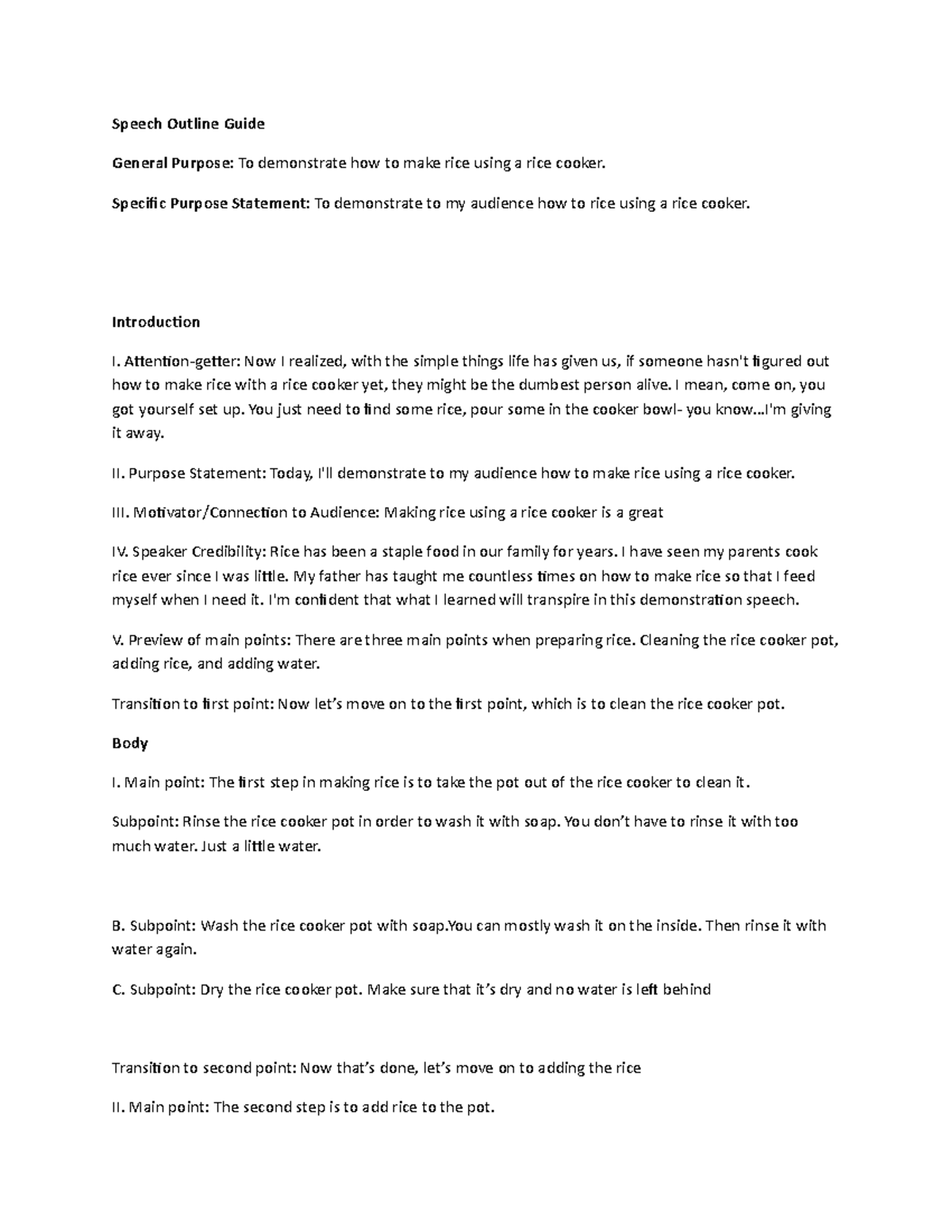Demonstration outline (Public Speaking) - Speech Outline Guide General ...