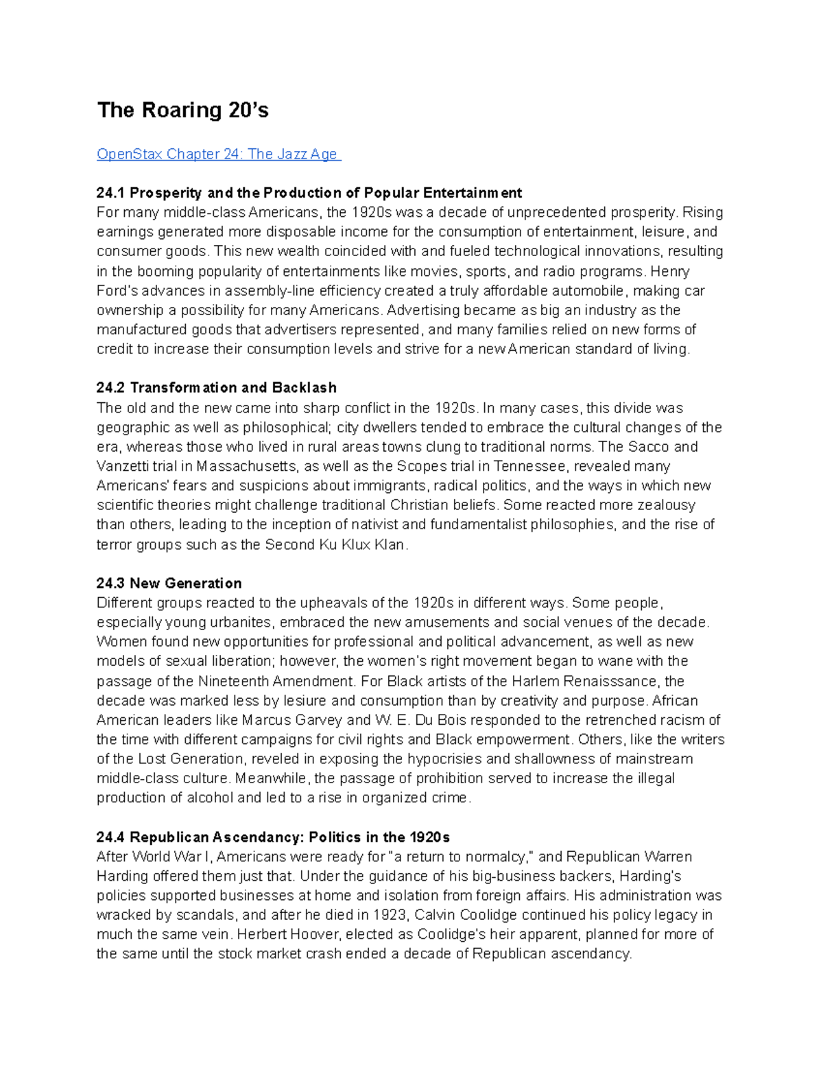 Hist module 8 - The Roaring 20’s OpenStax Chapter 24: The Jazz Age 24 ...