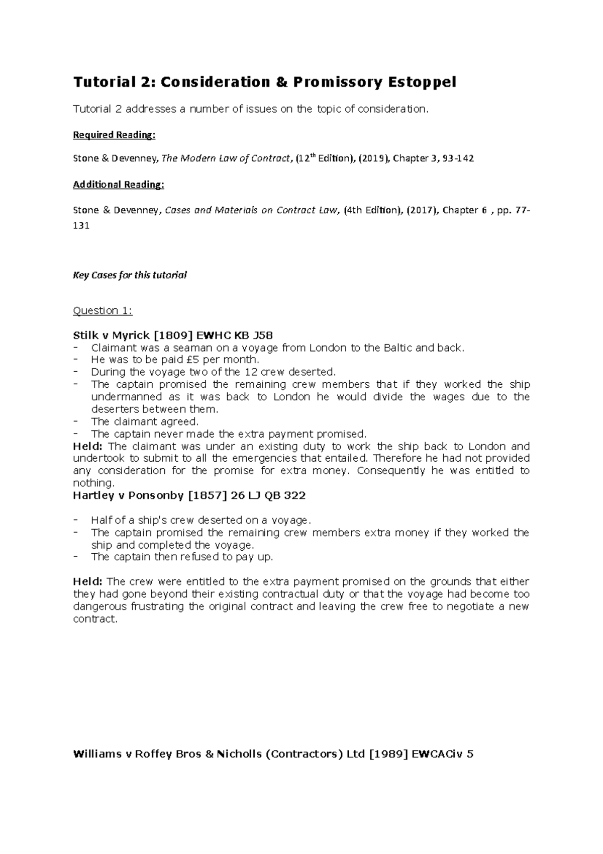 Tutorial 2 - Consideration & Promissory Estoppel - Tutorial 2: Consideration & Promissory - Studocu