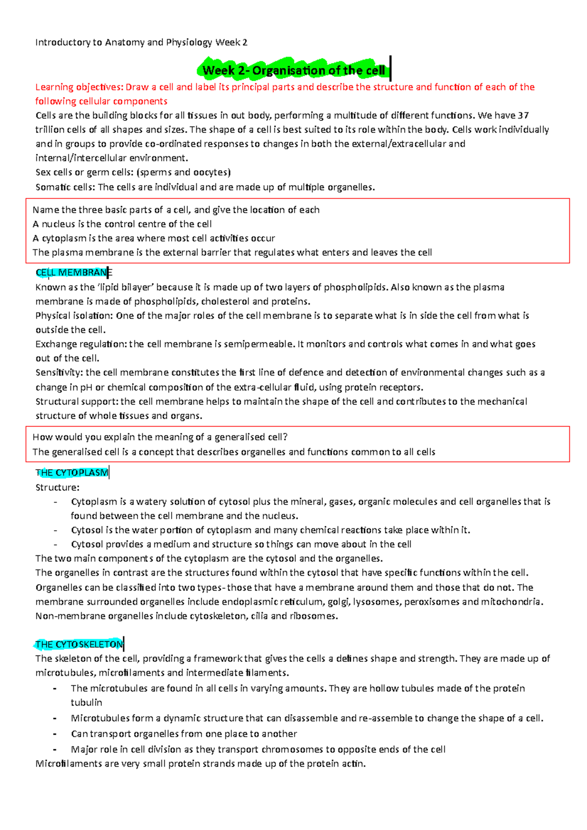 Week 2 notes on cells - Week 2- Organisation of the cell Learning ...