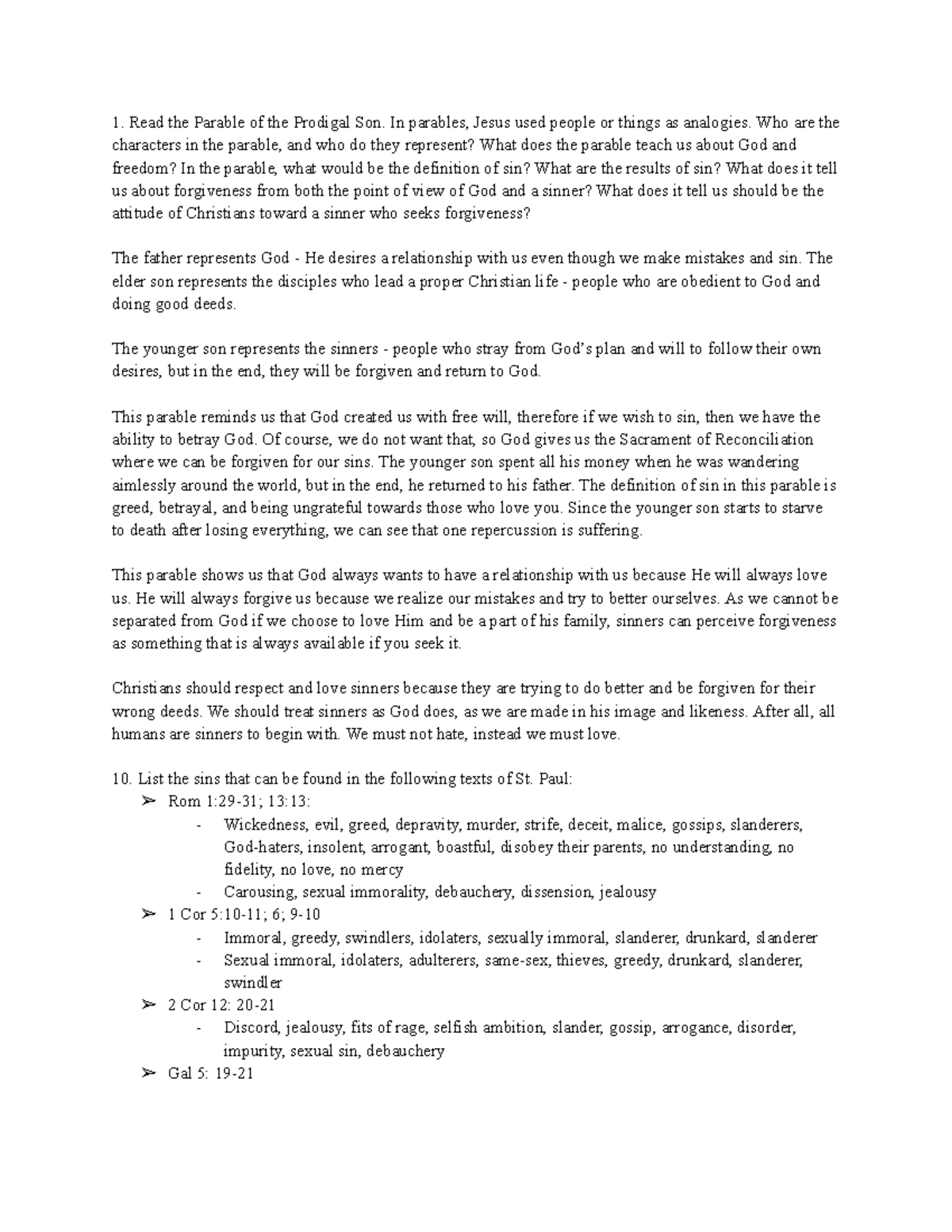 Religion Homework Questions 11 - Read the Parable of the Prodigal Son ...