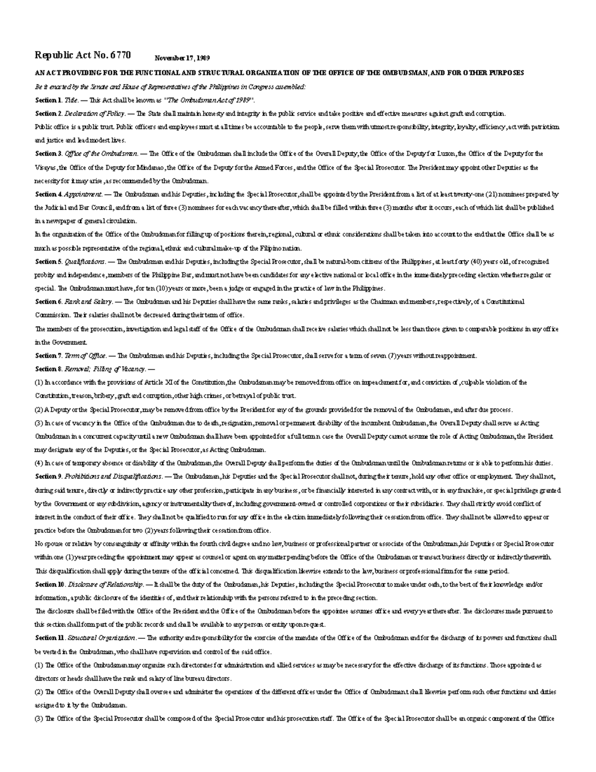 RA 6770 - RA 6770 - Business law - Xavier - Studocu