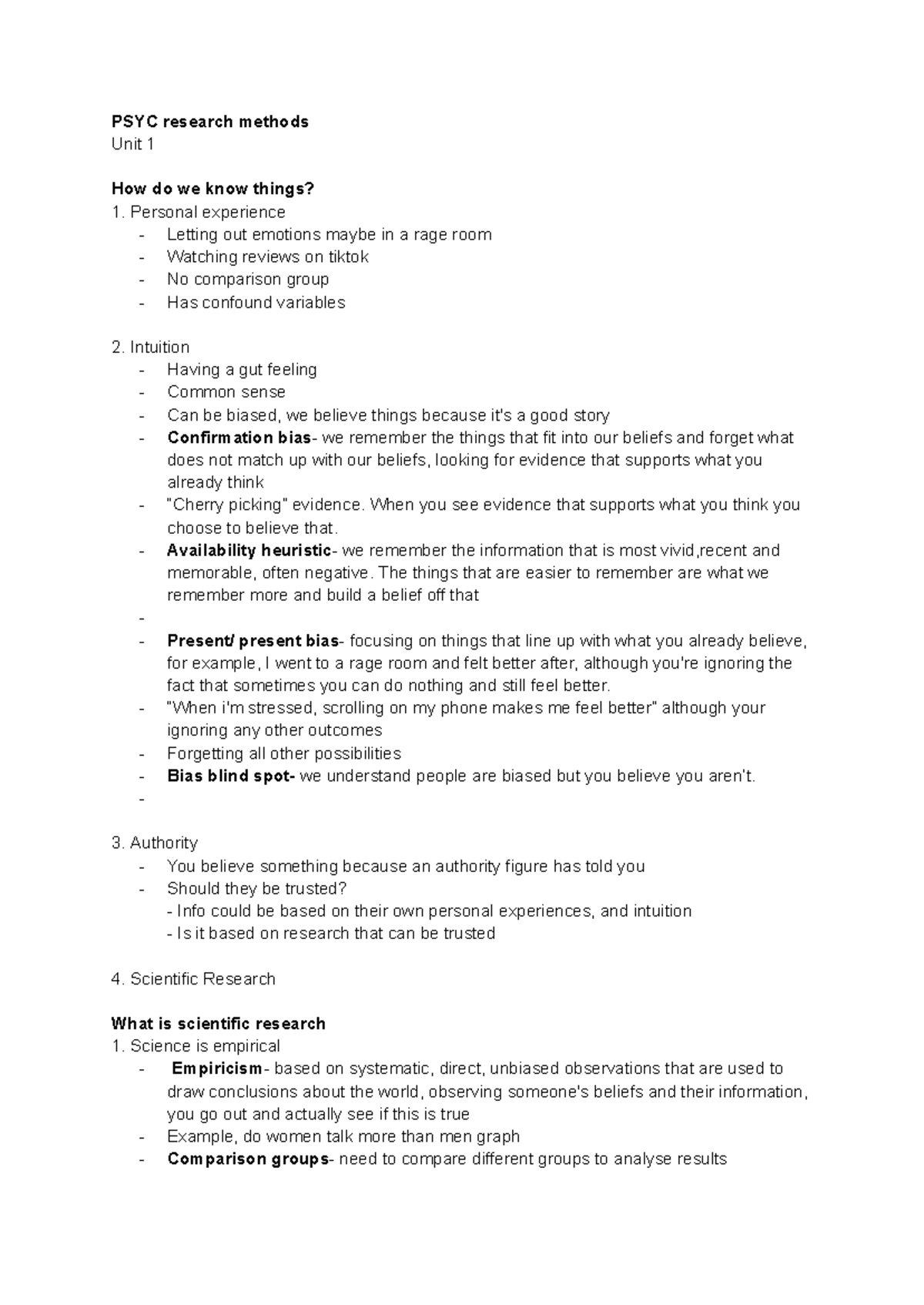 Research methods unit 1 - PSYC research methods Unit 1 How do we know ...