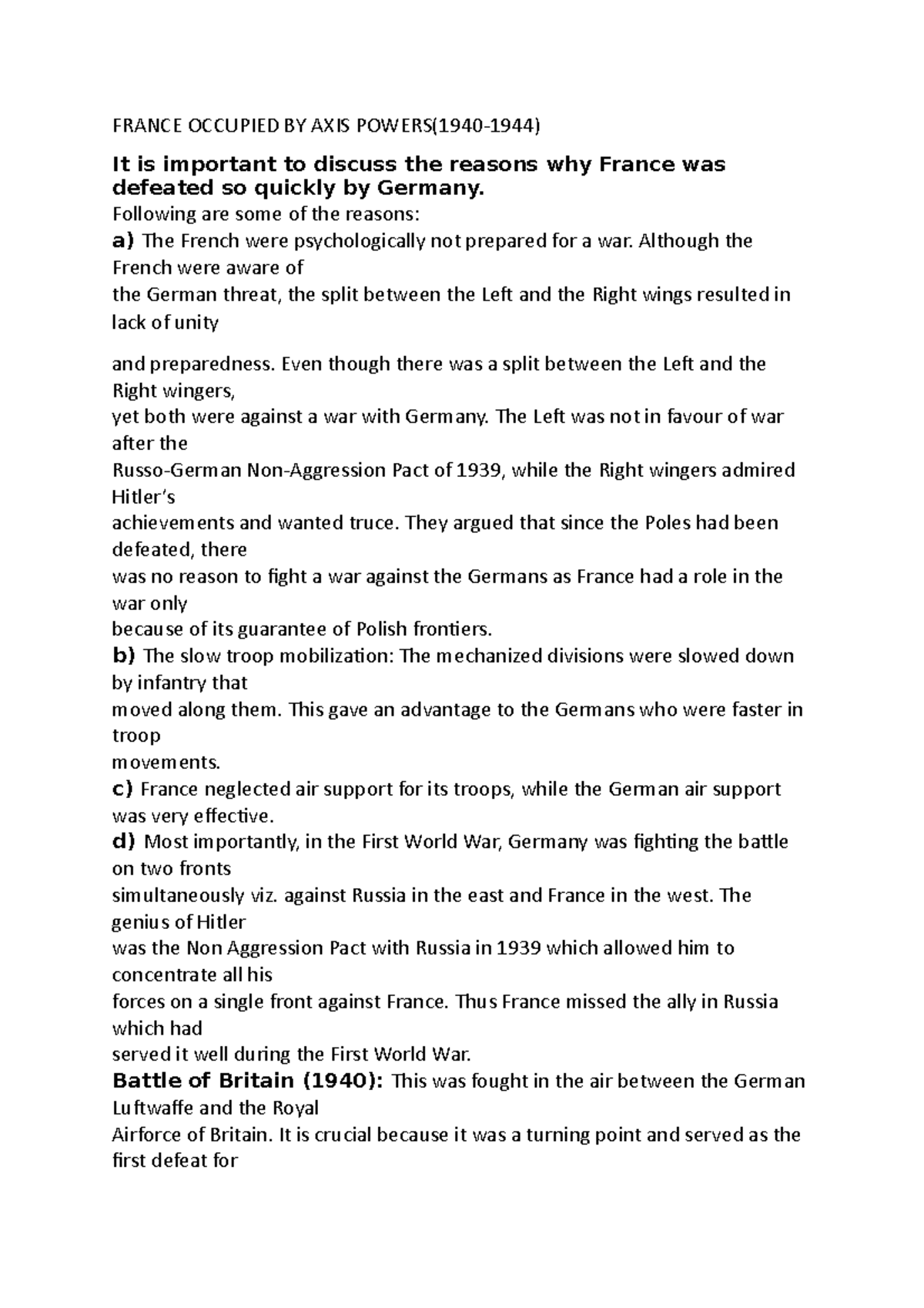 World War 2 continued - FRANCE OCCUPIED BY AXIS POWERS(1940-1944) It is ...