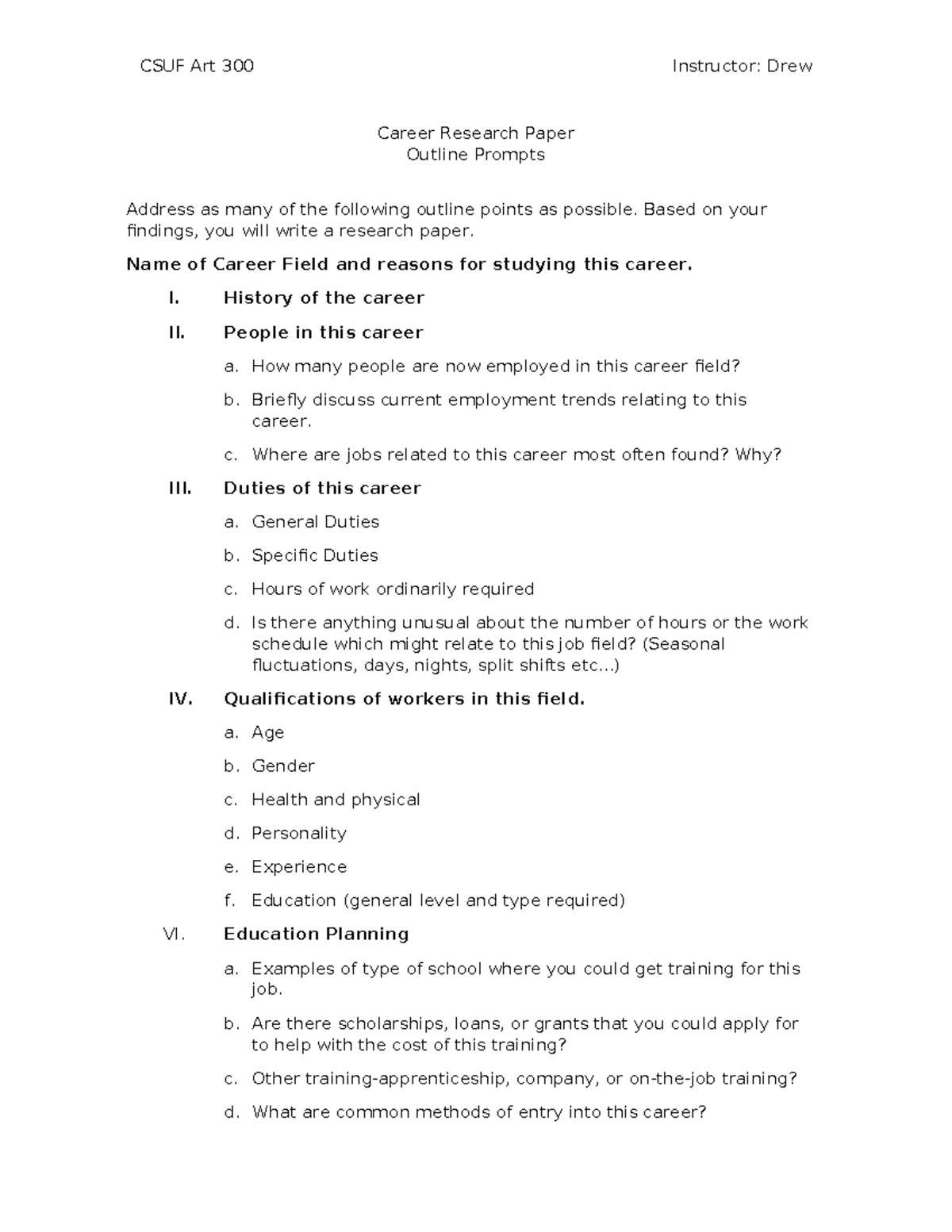 Career Research Paper Outline Prompts 2024 - CSUF Art 300 Instructor ...