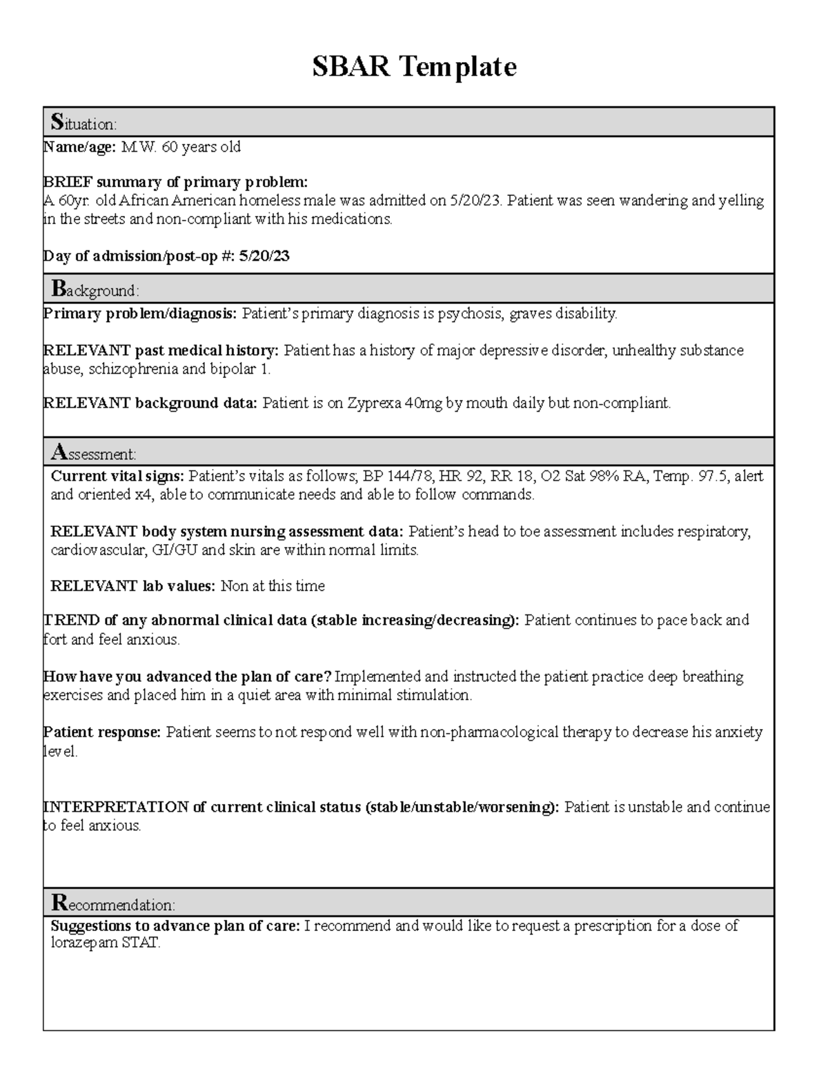 SBAR ML pt 1 - SBAR - SBAR Template Situation: Name/age: M. 60 years ...