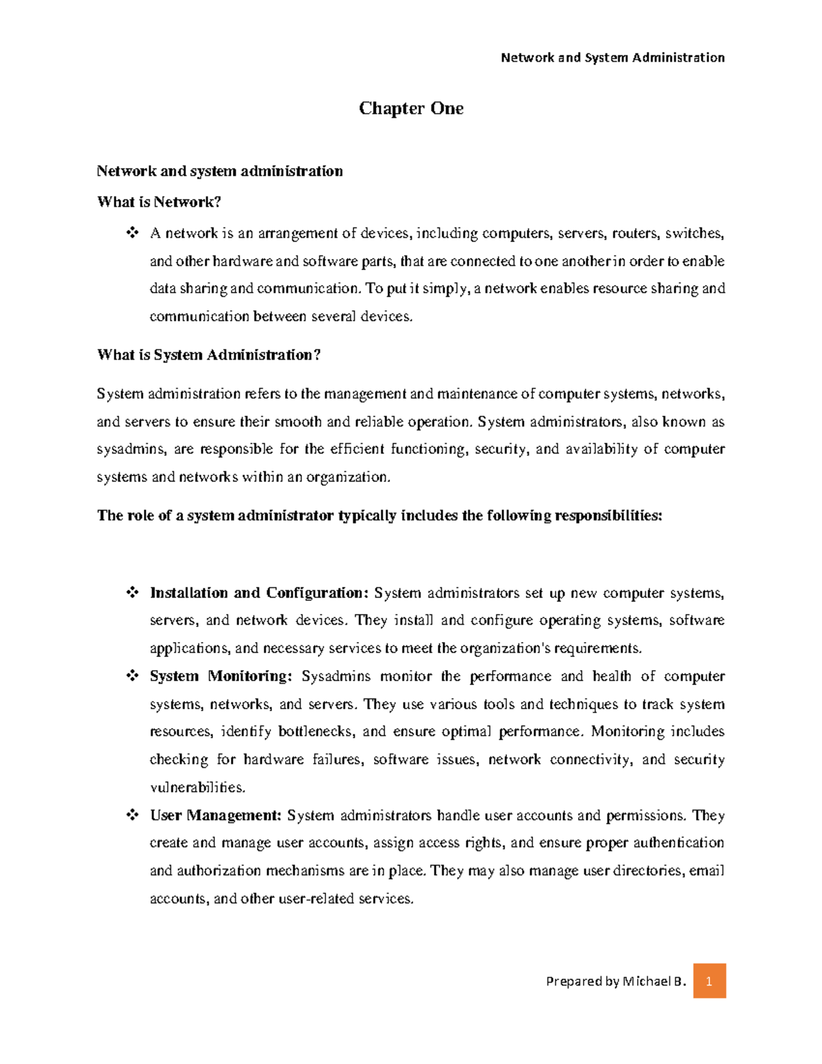 Networking and System Administration - Chapter One Network and system administration What is ...