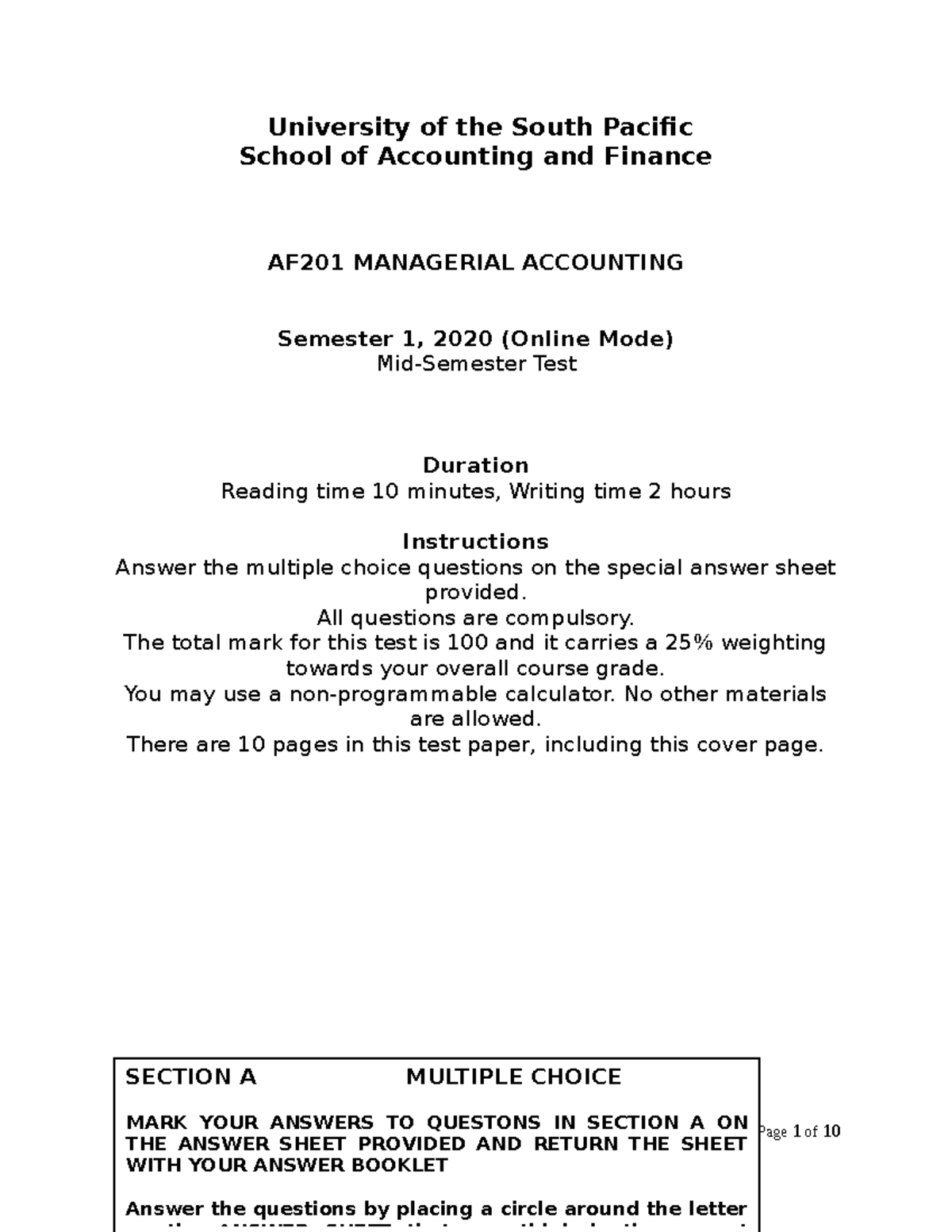 Mid Test S1 2020 Final.docx - University of the South Pacific School of ...