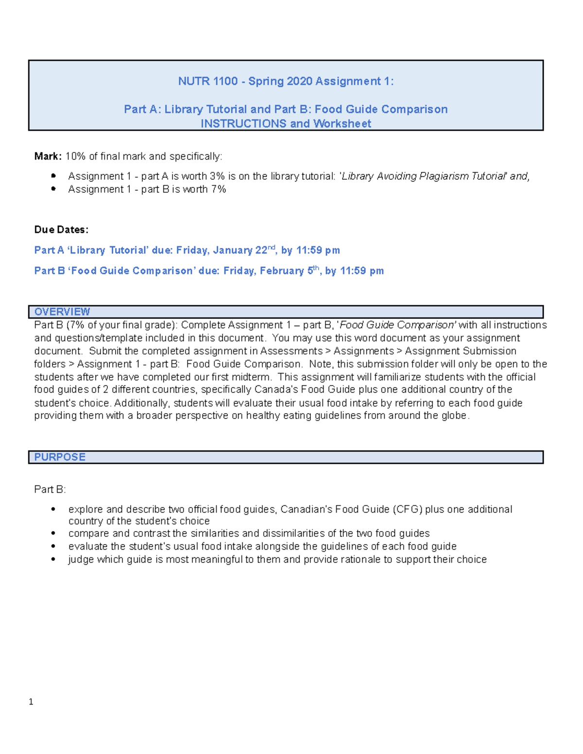 NUTR 1100 a1 - assignment - NUTR 1100 - Spring 2020 Assignment 1: Part A: Library Tutorial and ...