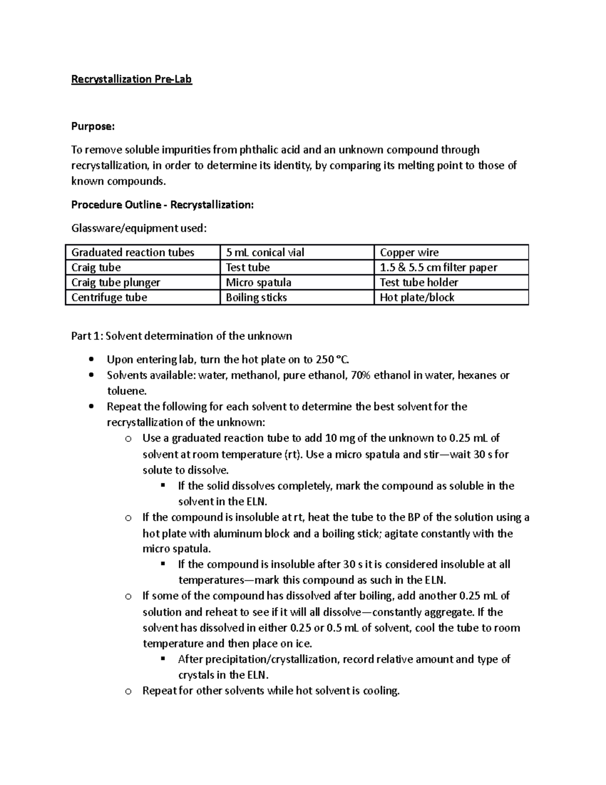 Recrystallization Pre-Lab - Recrystallization Pre-Lab Purpose: To ...