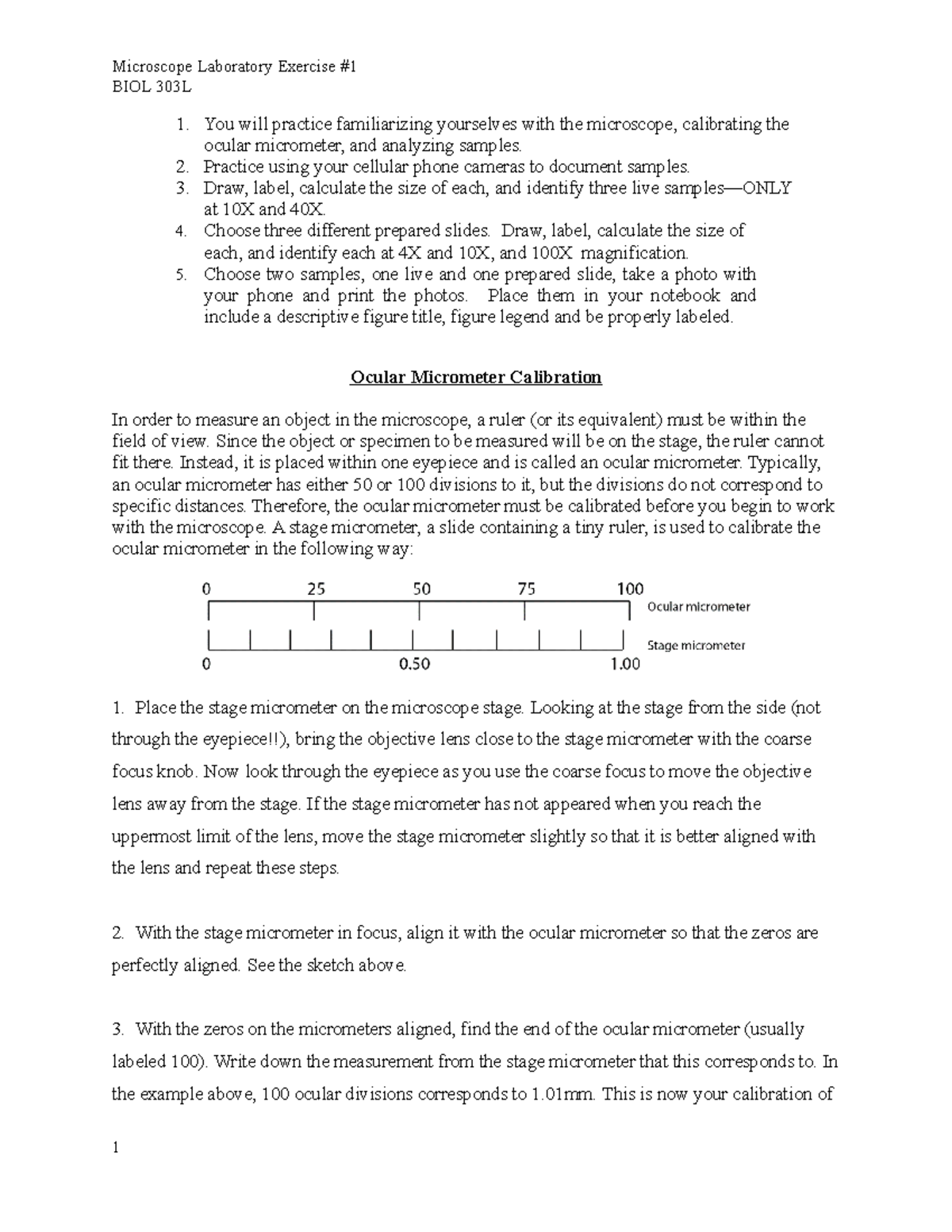 Microscope lab exercise modified - Microscope Laboratory Exercise # BIOL 303L You will practice ...