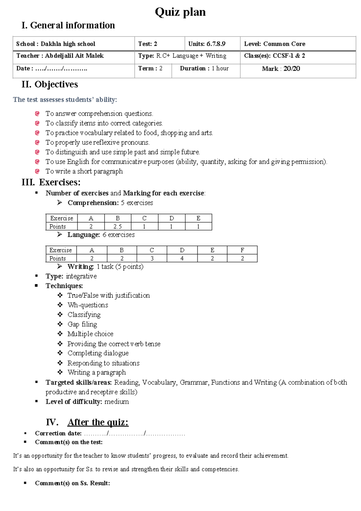 Test or quiz plan 2024 - test plan - Quiz plan I. General information ...