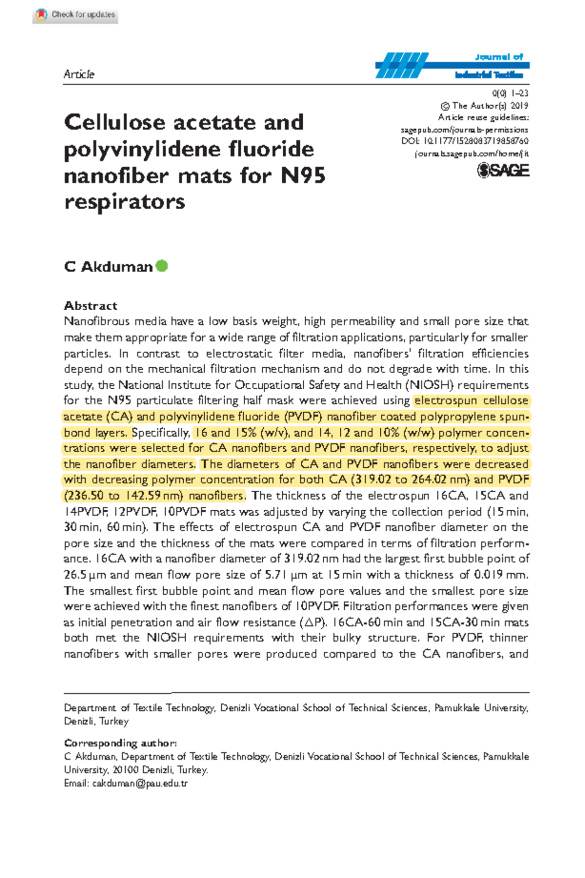 Cellulose acetate in N95 - Article Cellulose acetate and polyvinylidene ...