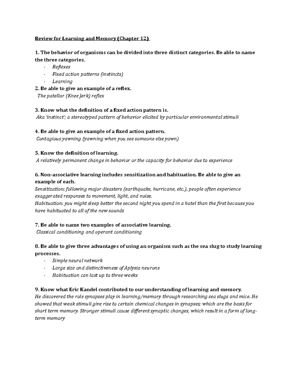 Behavioral Neuroscience Test 4 - Review for Learning and Memory ...