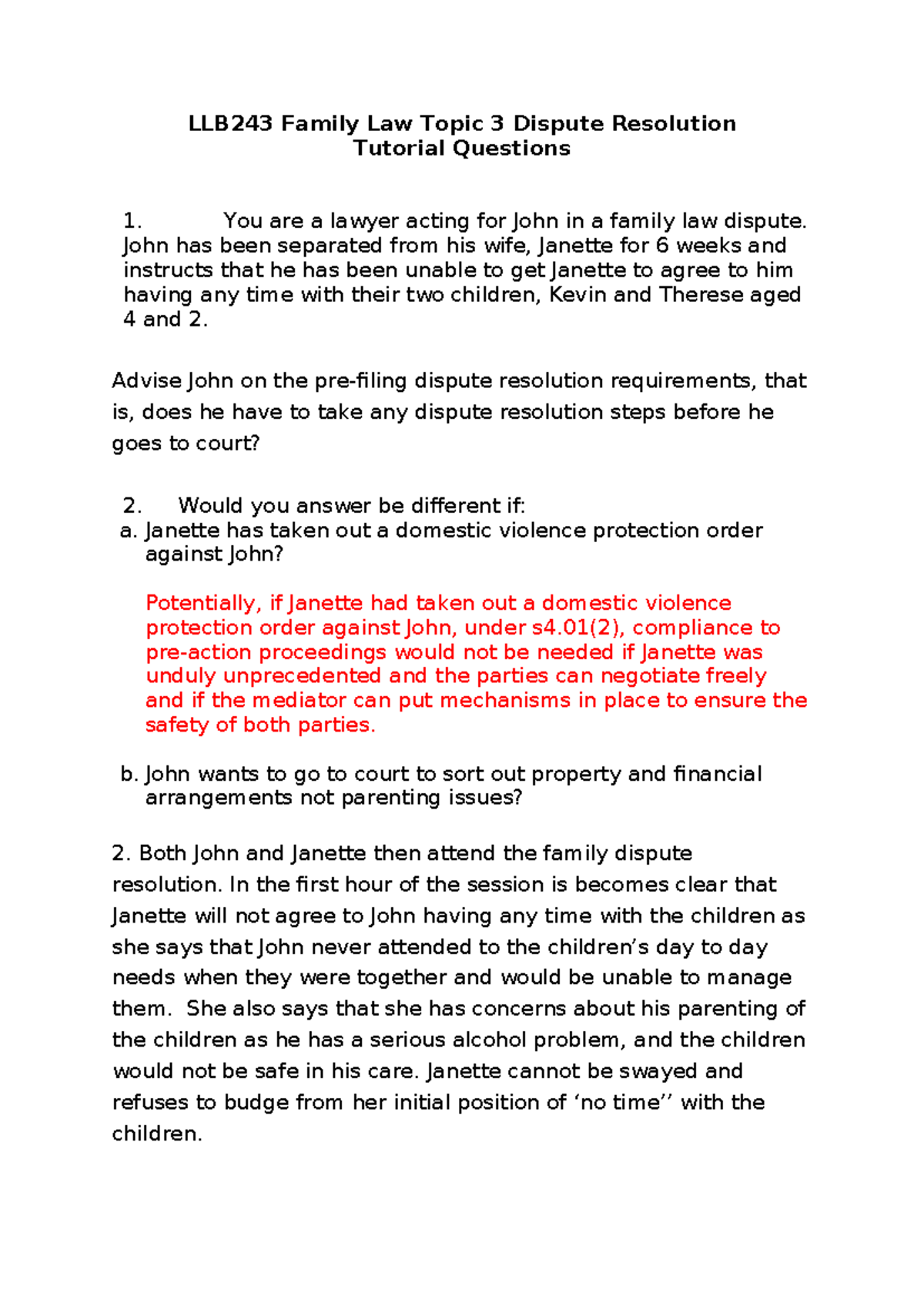 Topic 3 Family Dispute Resolution tutorial questions - LLB243 Family Law Topic 3 Dispute ...