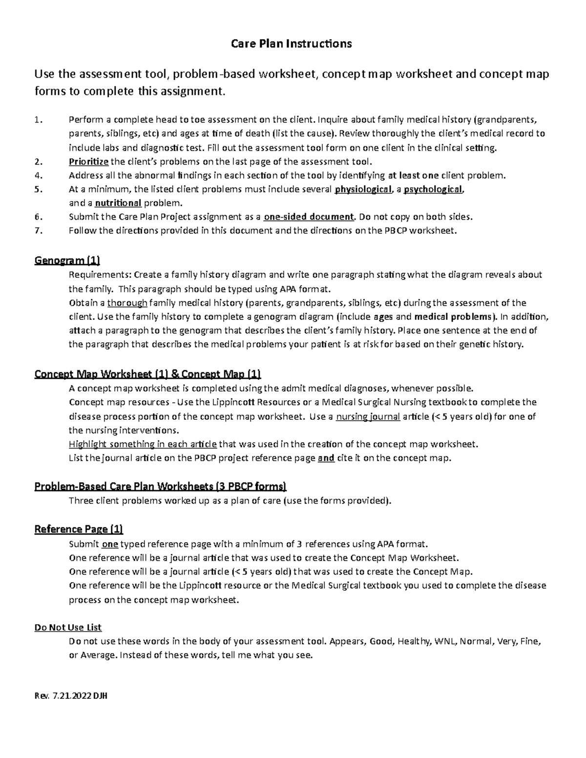 PBCP Instructions Fall 2022 - Care Plan Instructions Use the assessment ...