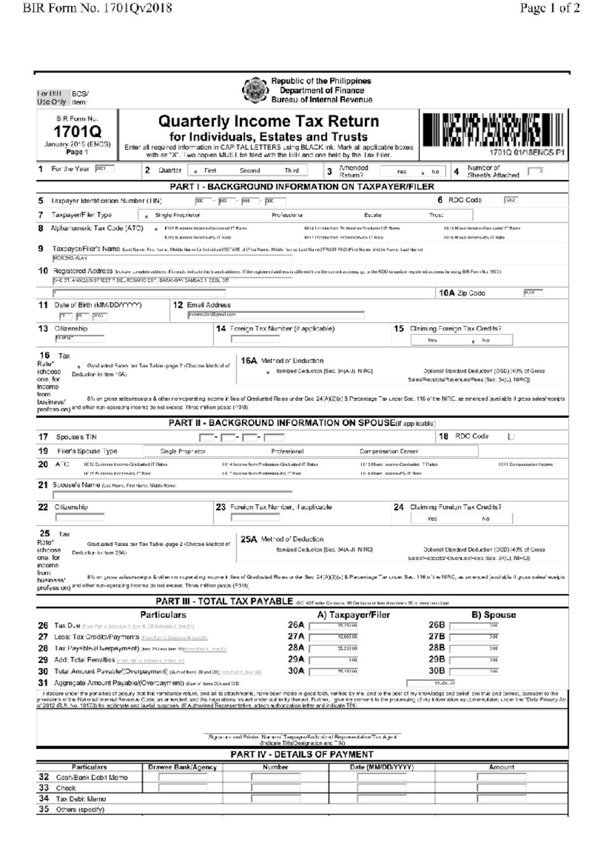 1st Quarter Income Tax Return - BIR Form No. 1701Qv2018 Page 1 of 2 ...
