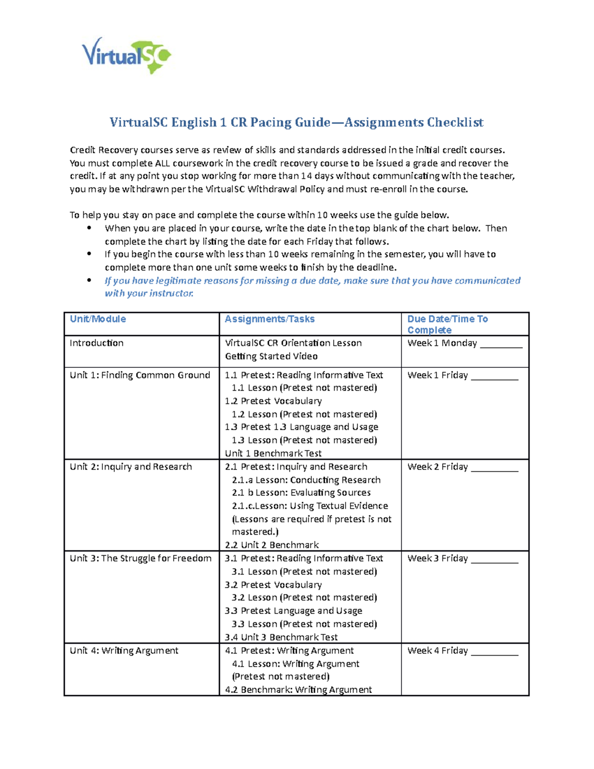 Credit Recovery Pacing Guide CR1 - VirtualSC English 1 CR Pacing Guide ...