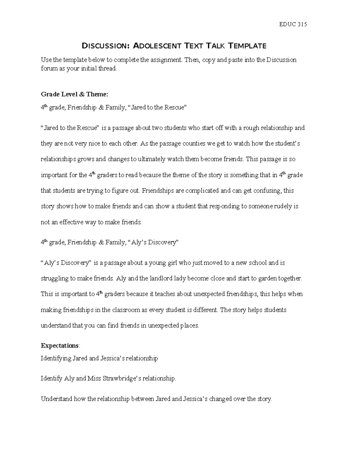 Discussion Adolescent Text Talk Template - EDUC 315 DISCUSSION ...