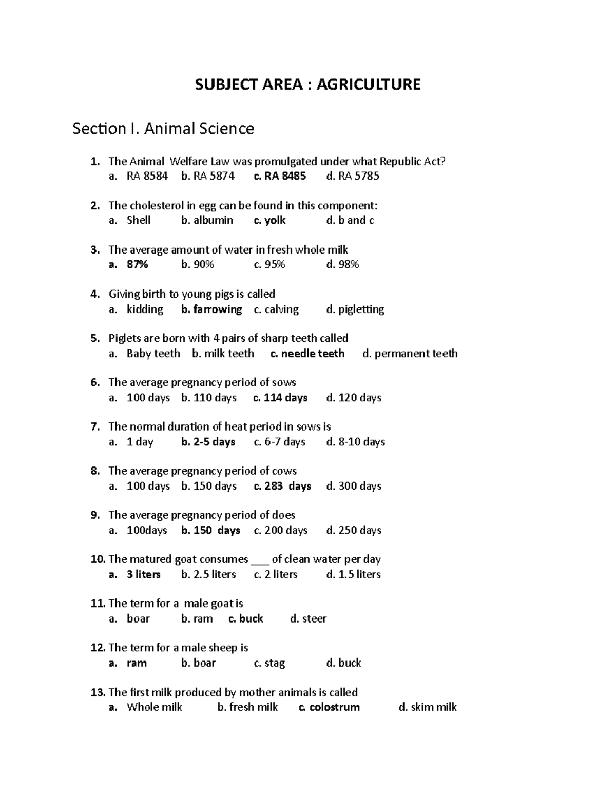 Agricultural fisheries animal science - SUBJECT AREA : AGRICULTURE ...