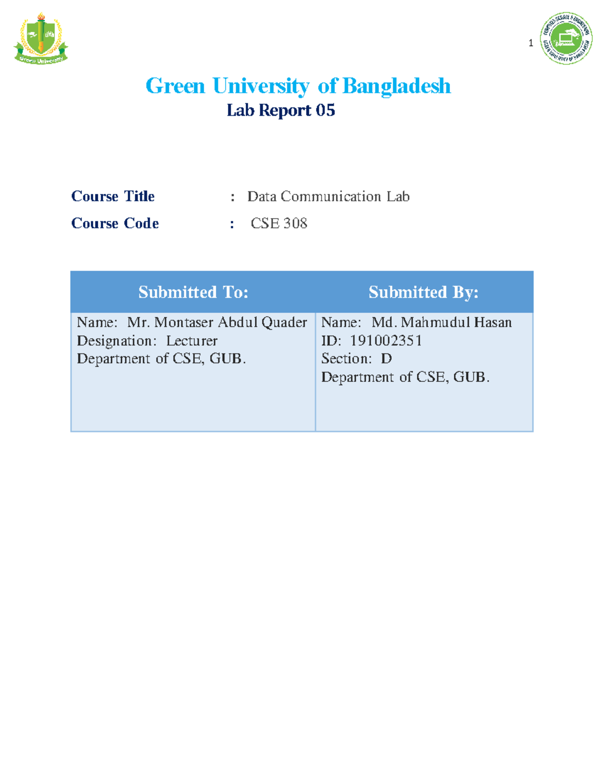 191002351 Mahmudul Hasan Lab report 05 - Green University of Bangladesh Lab Report 05 Course ...