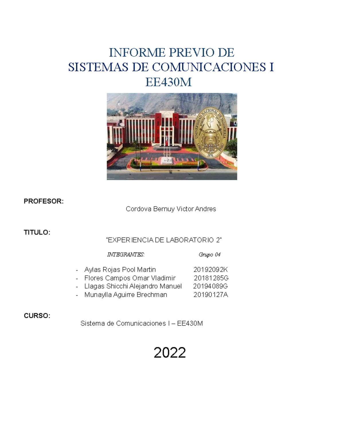 Informe Previo 2 - sasasa - INFORME PREVIO DE SISTEMAS DE COMUNICACIONES I EE430M PROFESOR ...
