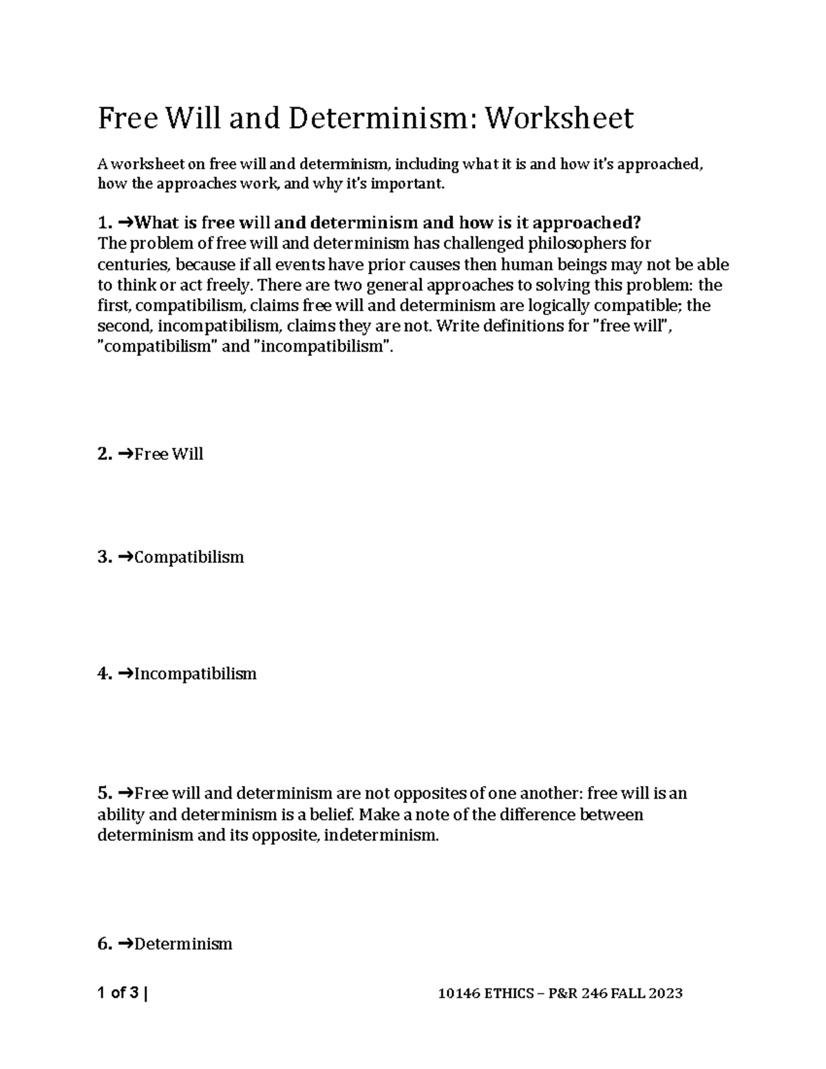 Free Will and Determinism Worksheet - 1 of 3 | 10146 ETHICS – P&R 246 ...