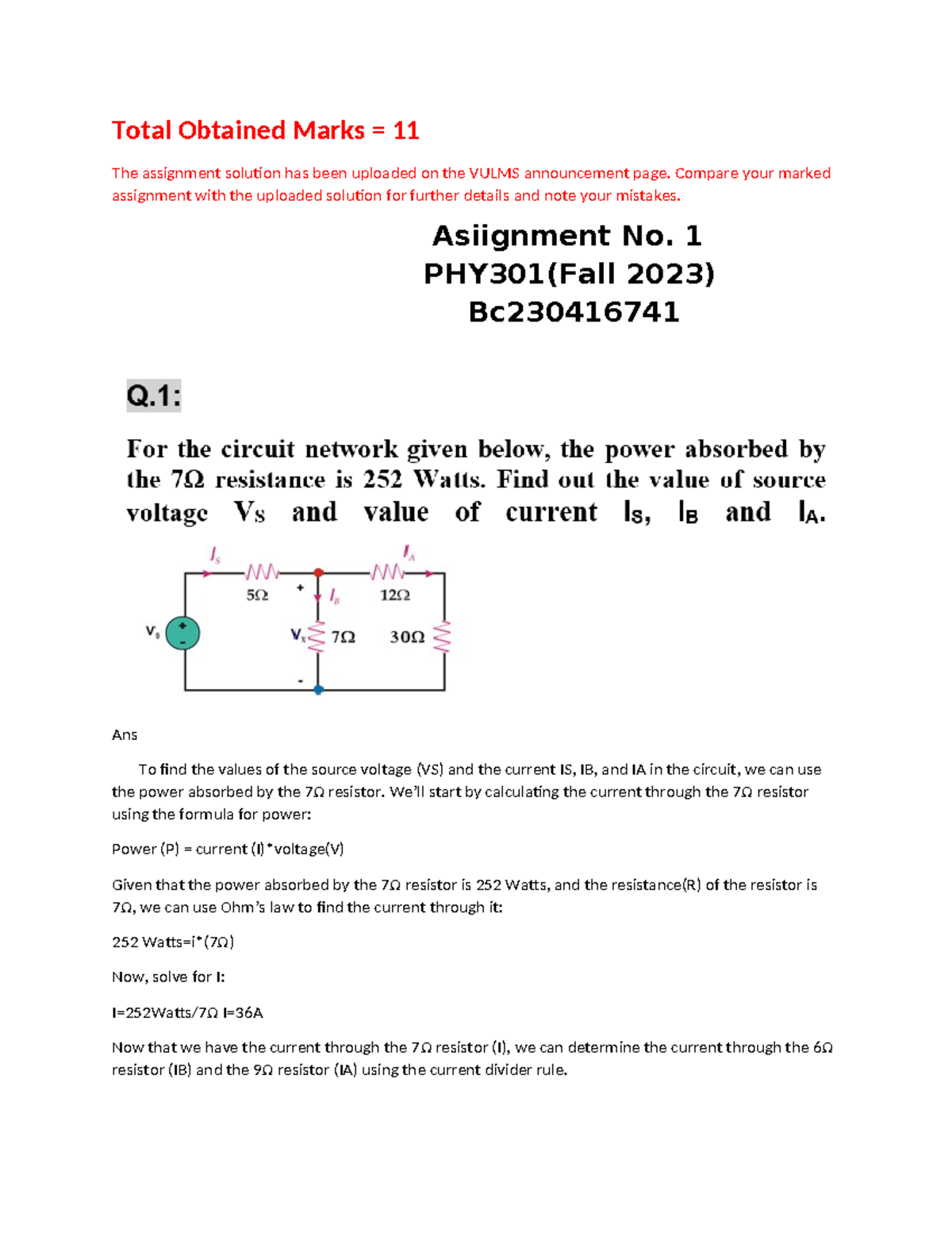 Mrk Fall 2023 PHY301 1 BC230416741 - Total Obtained Marks = 11 The assignment solution has been ...