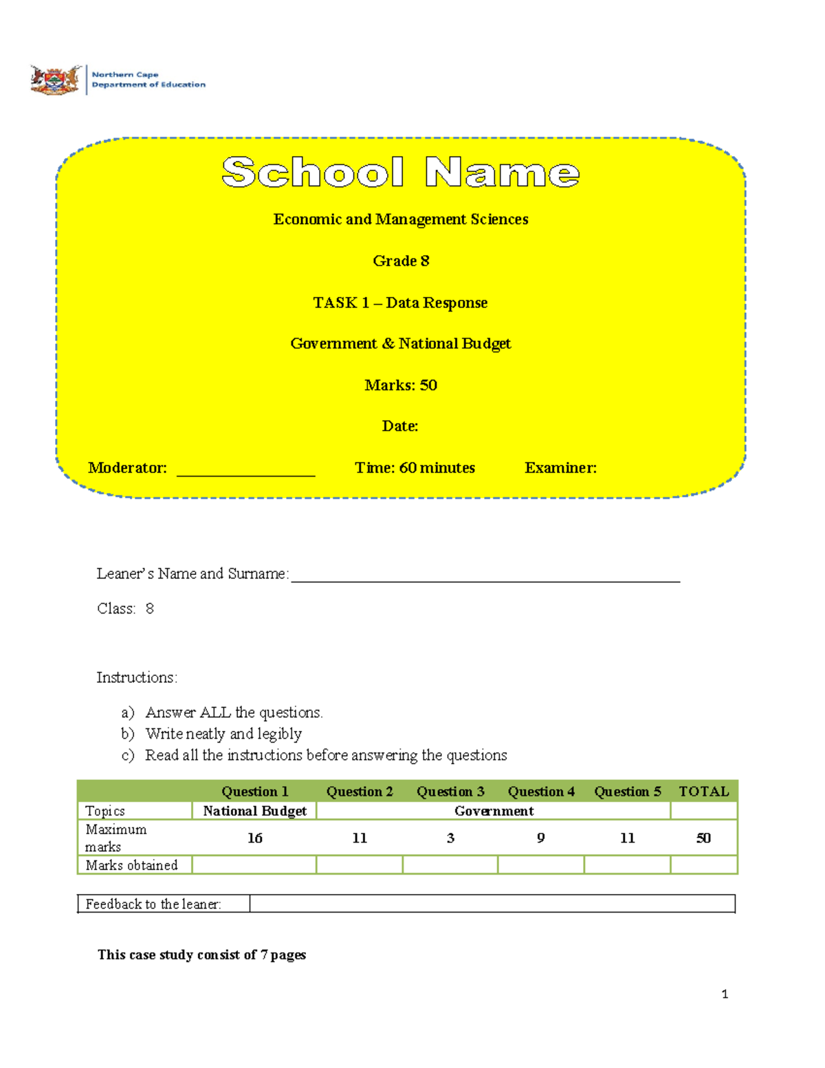 Grade 8 EMS Data Response Question Paper 2024 - Leaner’s Name and - Studocu