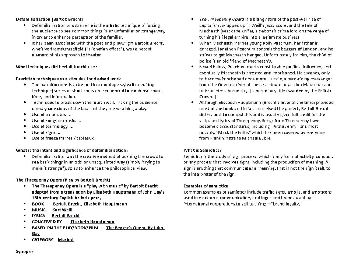 Pop Culture Final - Defamiliarization (Bertolt Brecht ...