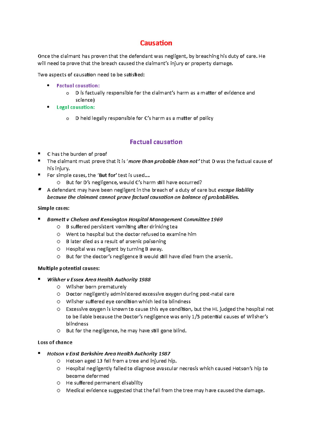 Causation Lecture Notes 6 7 Causation Once The Claimant Has Proven That The Defendant Was