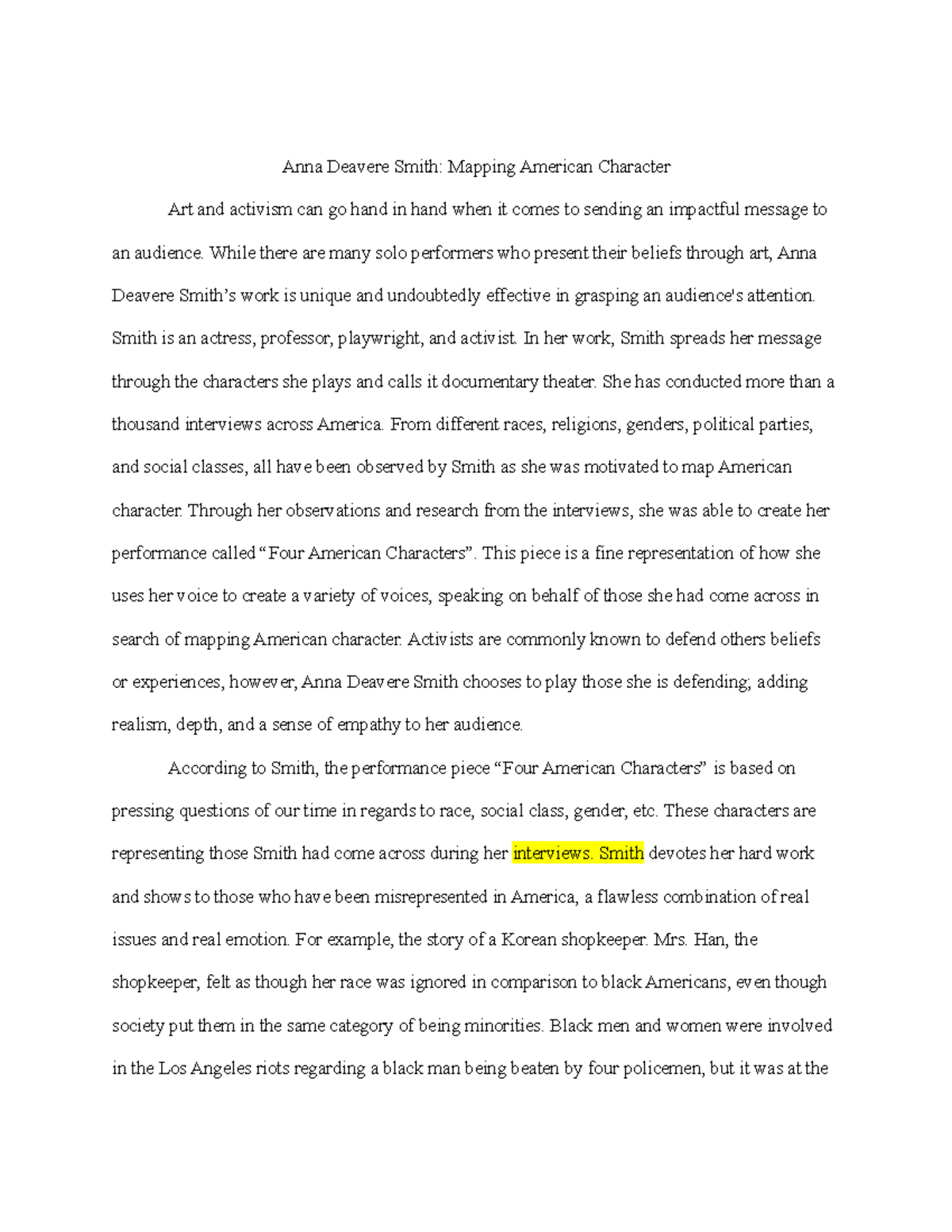 Mapping essay - Anna Deavere Smith: Mapping American Character Art and ...