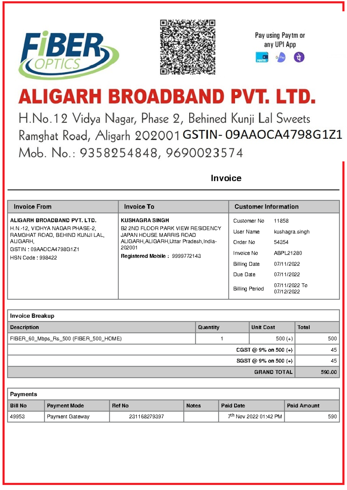 Broadband Bill November - Invoice Invoice From Invoice To Customer ...