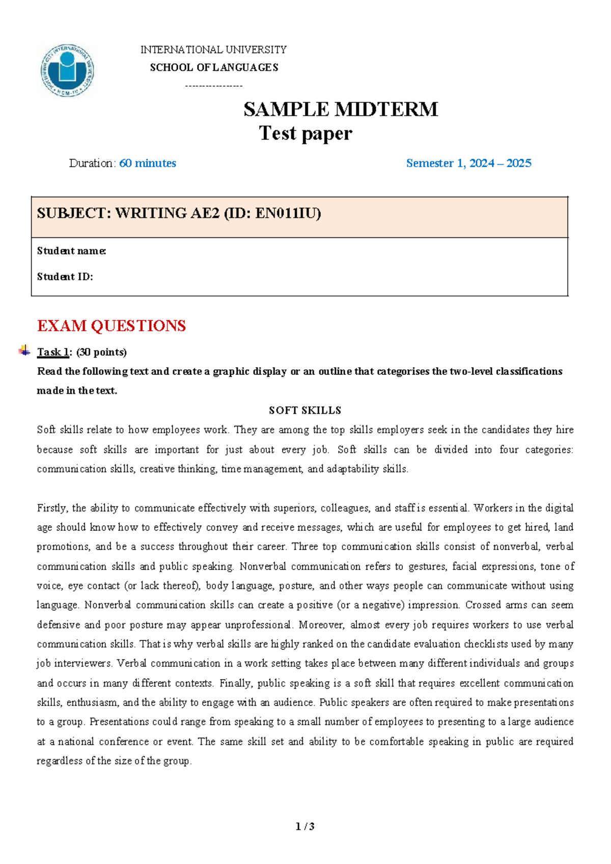 AE2 W Midterm Sample Test- Test paper - 1 / 3 INTERNATIONAL UNIVERSITY ...