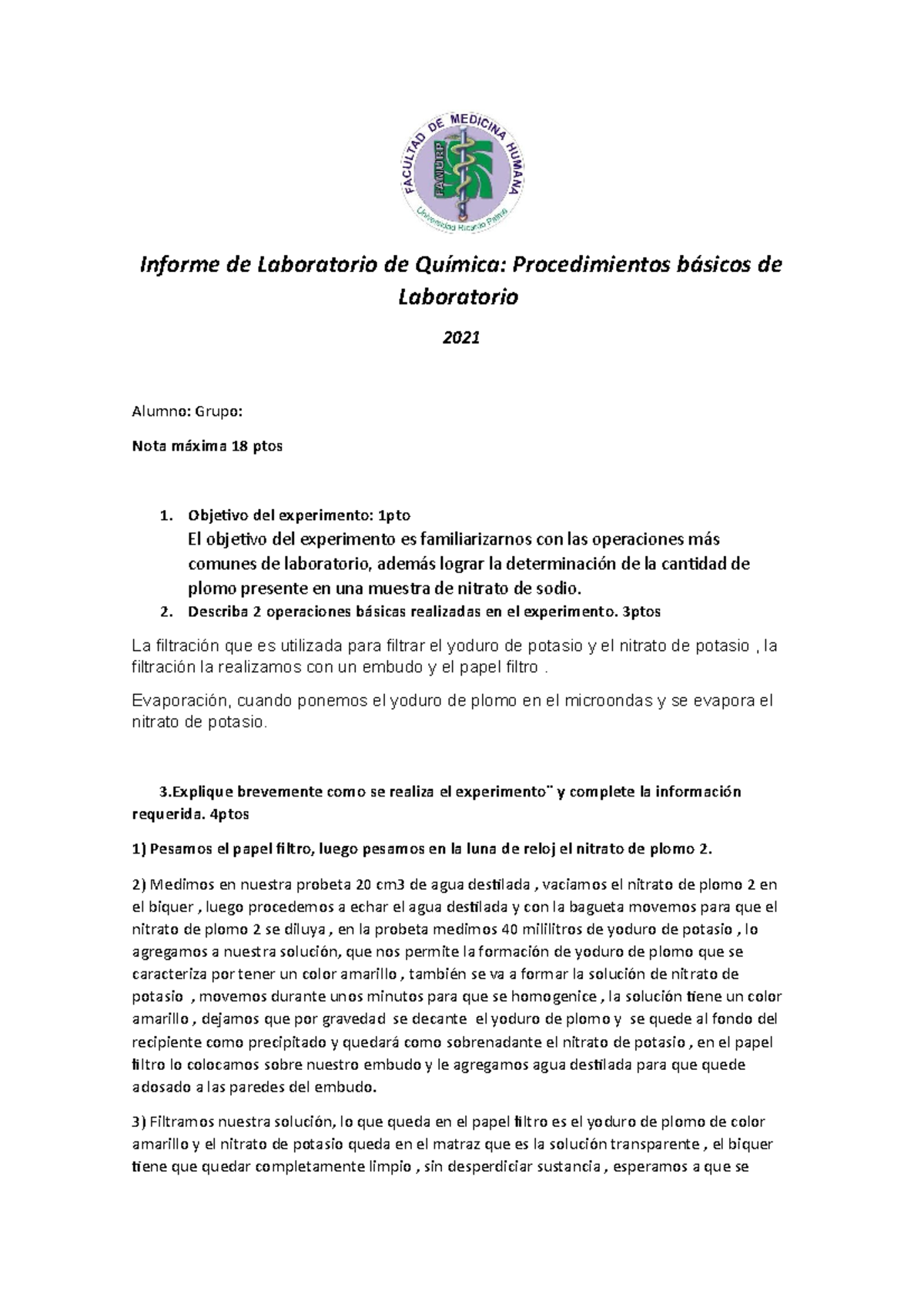 Operaciones de laboratorio INF1 - Informe de Laboratorio de Química: Procedimientos básicos de ...