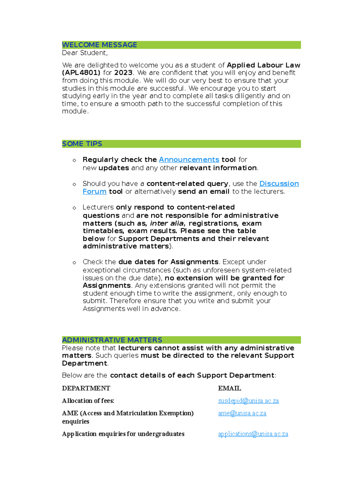 Welcome Message - I am a postgraduate student at UNISA - WELCOME ...