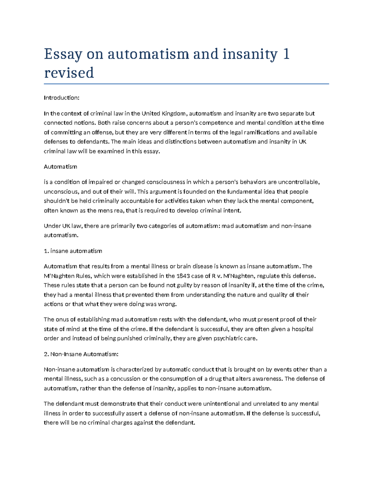 Essay on automatism and insanity - Both raise concerns about a person's ...